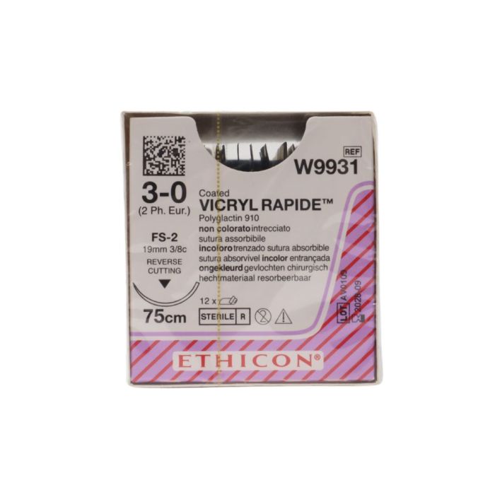 Ethicon Vicryl Rapide 3/0 Sutures: 3/8 Circle Reverse Cutting, 75 cm, 19 mm, Undyed - Swallow Dental